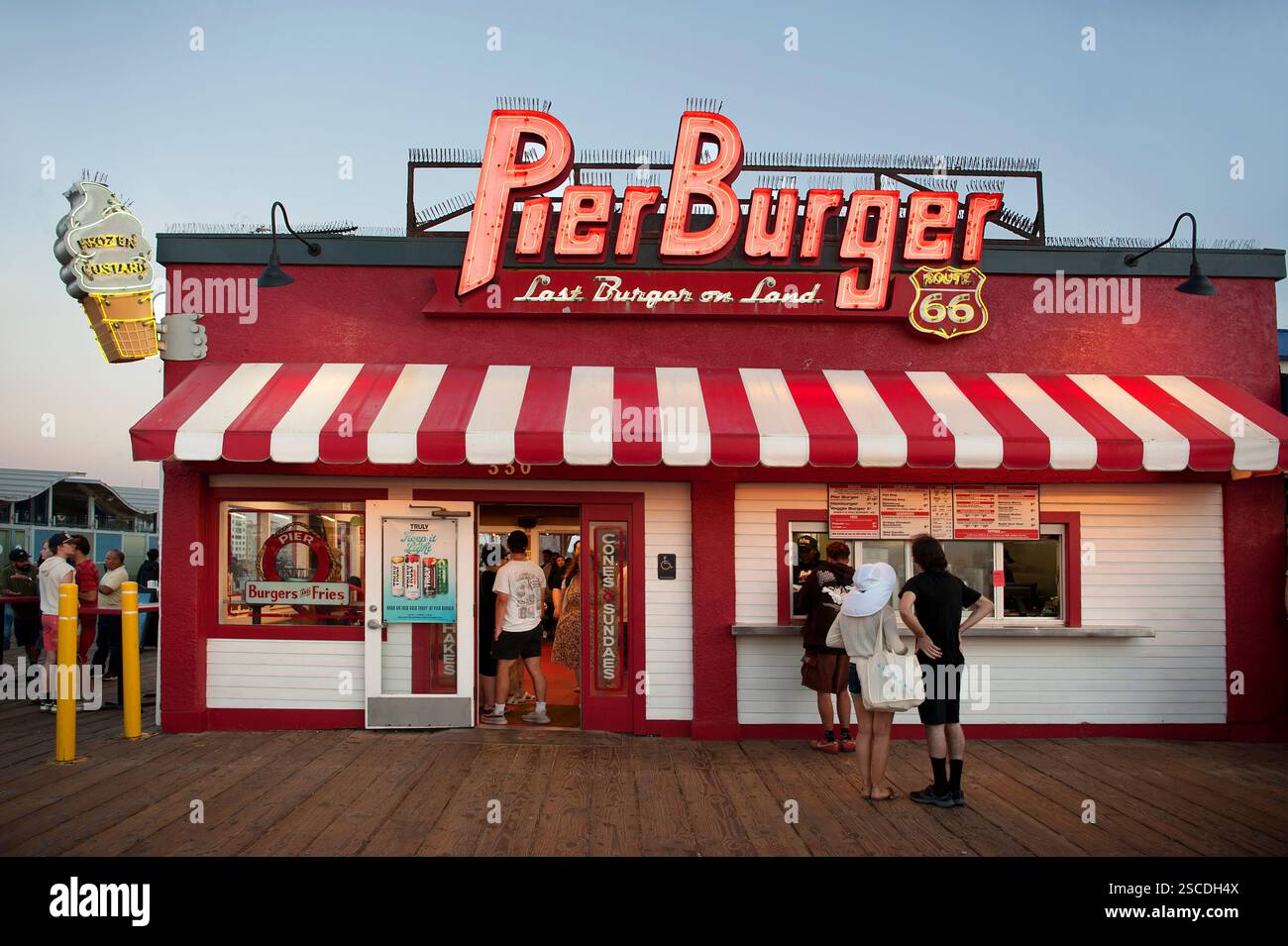 Pier Burger, Santa Monica, Pier, people, food, signs, neon, dusk, night ...