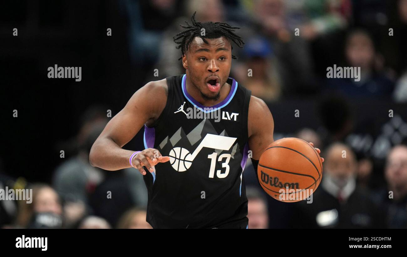 Utah Jazz guard Isaiah Collier brings the ball up court, during the ...