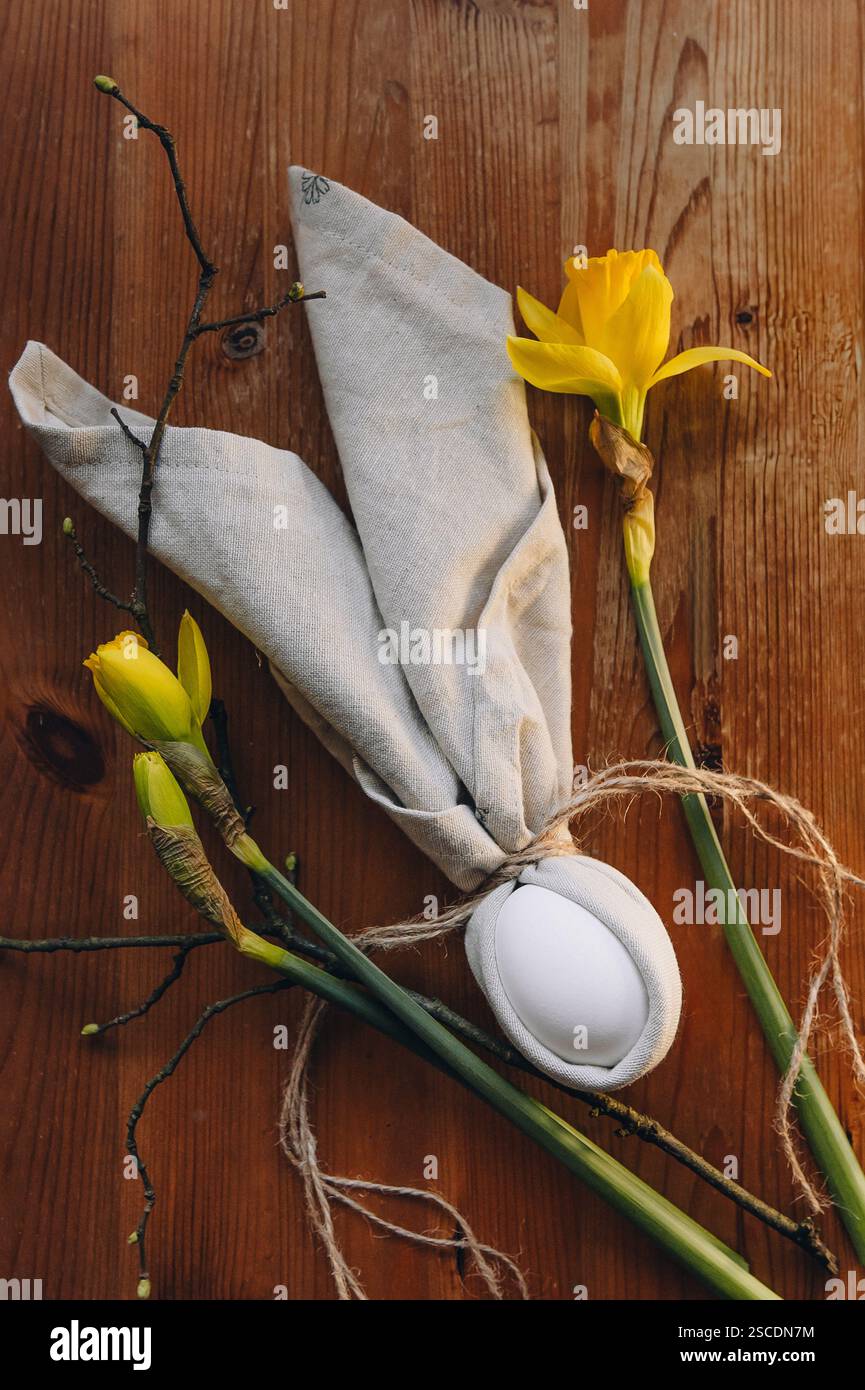Spring Easter background with daffodils in a bucket on the window ...