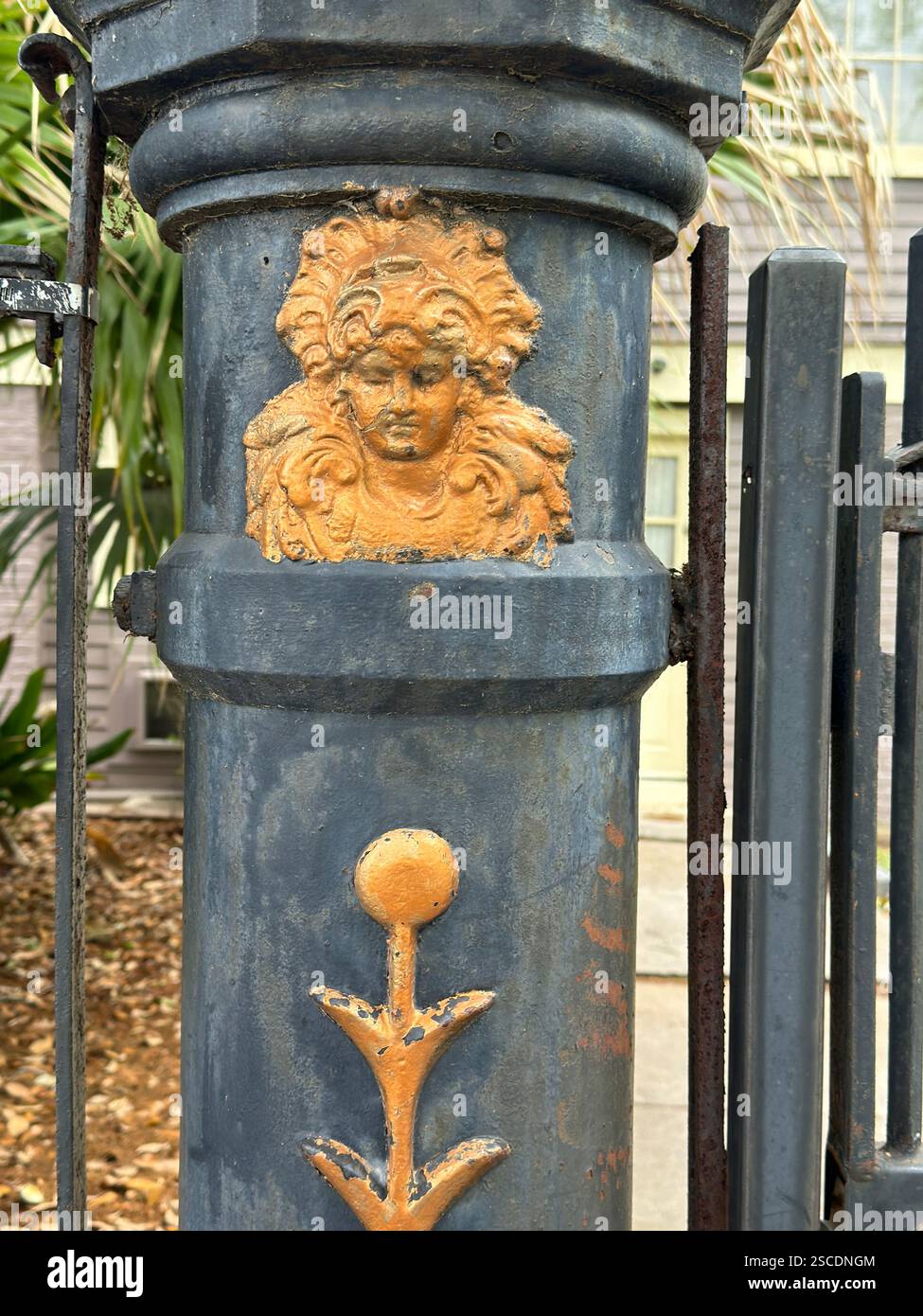 Detailed view of an ornate iron gate in New Orleans, featuring a unique ...