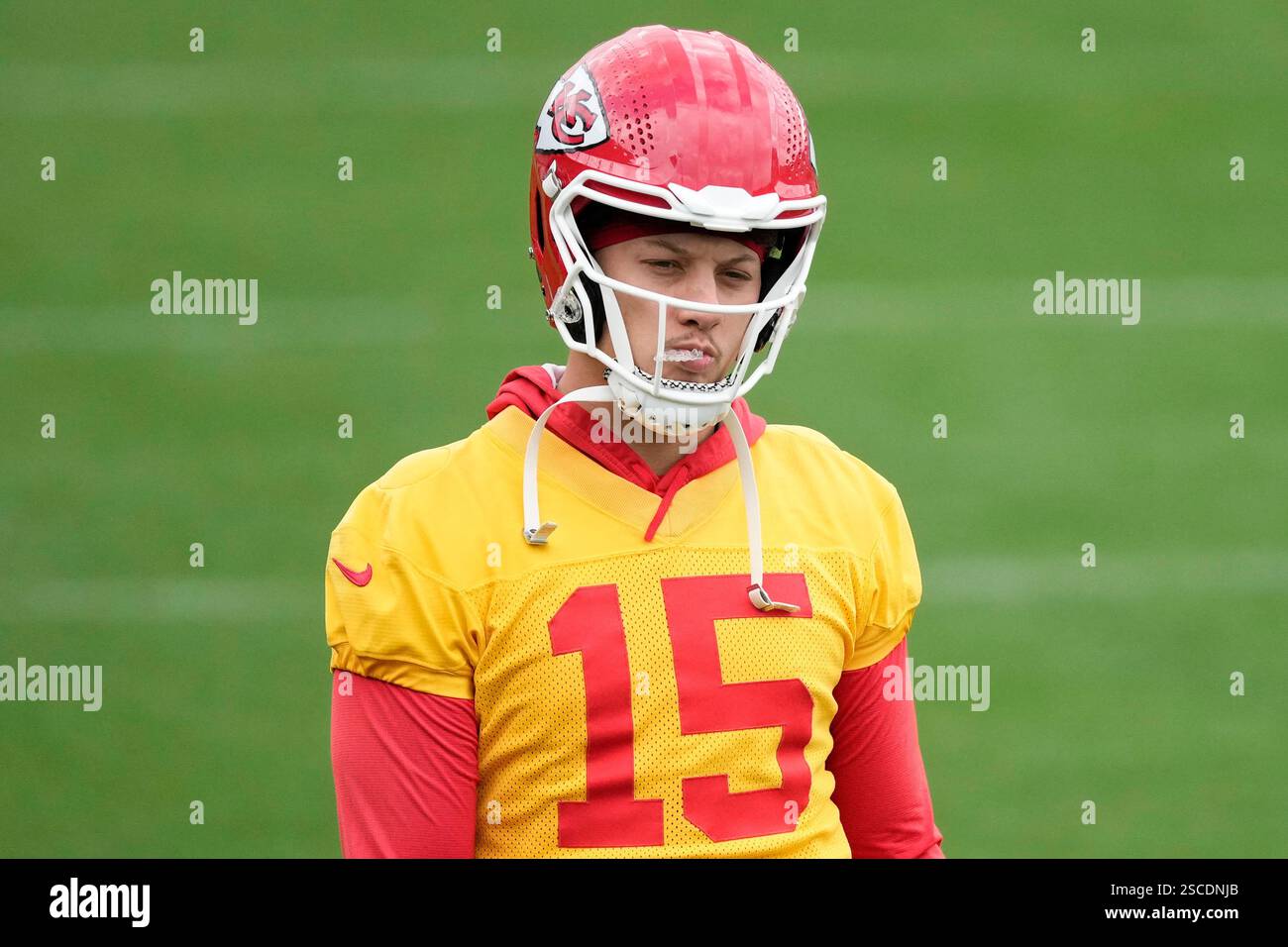Kansas City Chiefs quarterback Patrick Mahomes (15) stretches during an ...