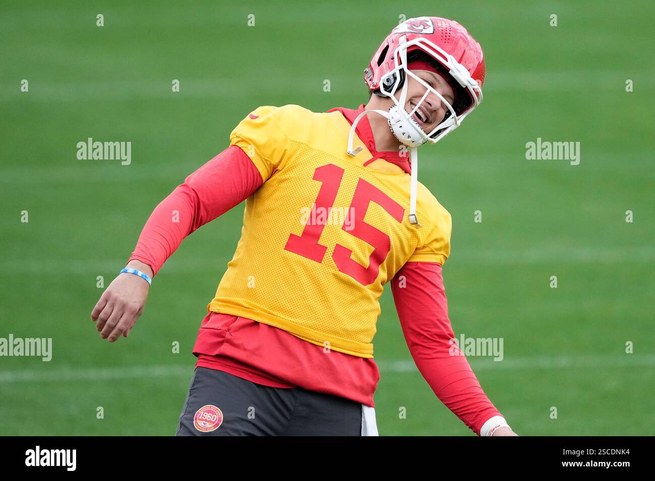 Kansas City Chiefs quarterback Patrick Mahomes (15) stretches during an ...
