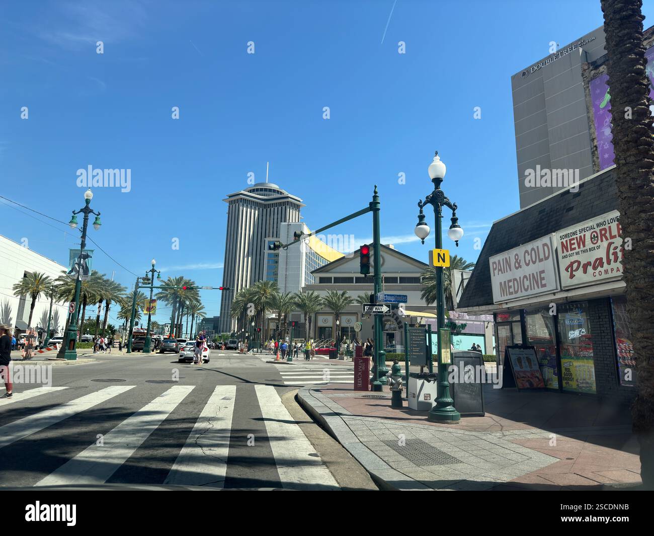 A vibrant street view in downtown New Orleans featuring palm-lined ...