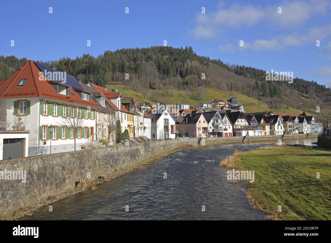 View of the Kinzig with houses, landscape and banks, Kinzig valley ...