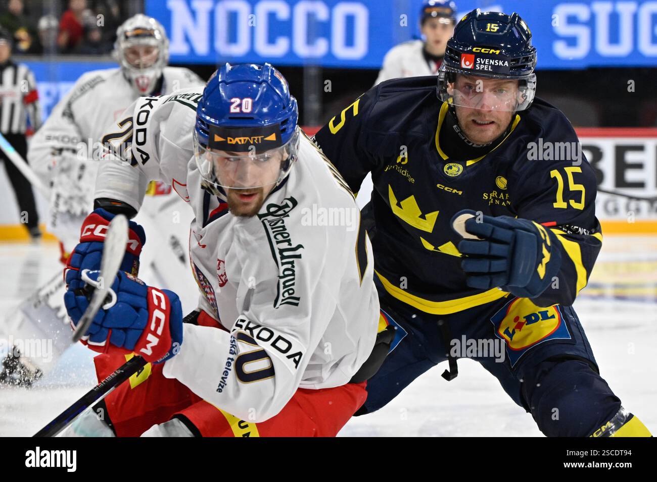 Stockholm, Sweden. 06th Feb, 2025. Czechias Michal Kunc and Sweden's ...