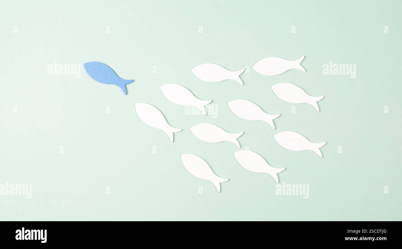 Blue fish leader of group, teamwork, follow influencer, goal, plan and ...