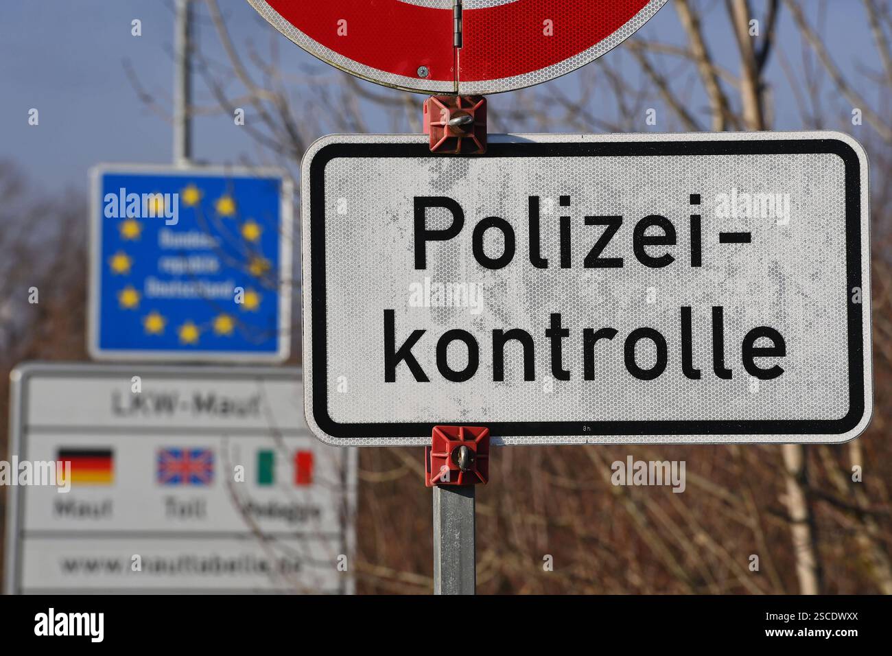 Grenzschild Bundesrepublik Deutschland, Schild Polizeikontrolle und ...