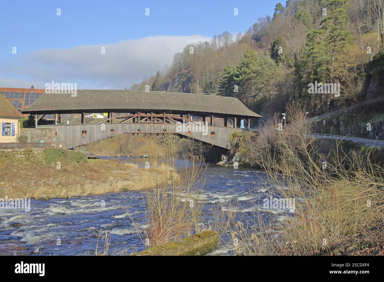 Historic covered wooden bridge over the Murg, landmark, wooden ...