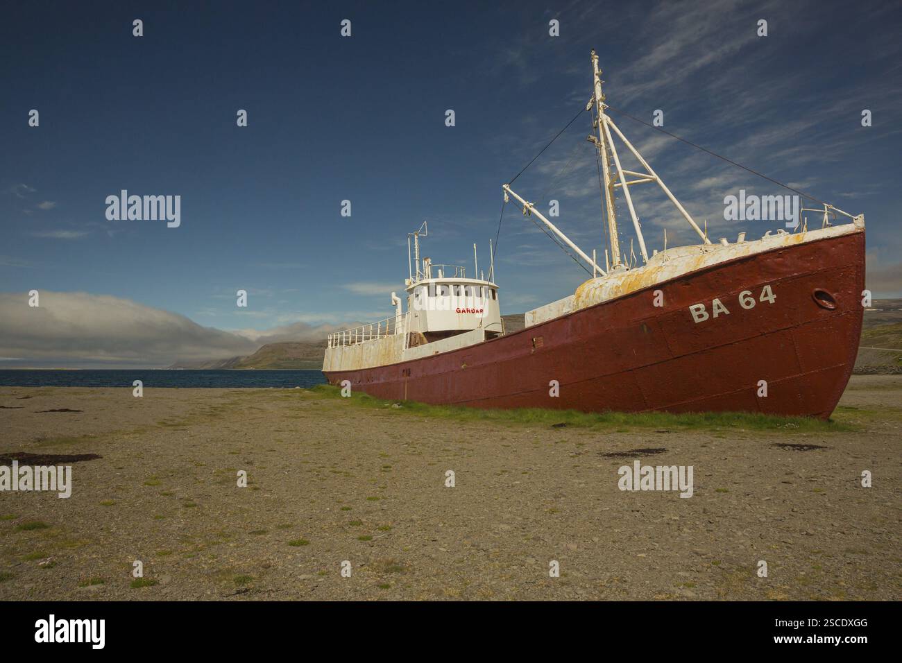 Ship wreck at the road 612 at Patreksfjoerdur, NW Iceland. The oldest ...