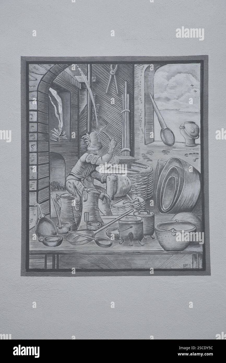 Black and white, mural with coppersmith, grey, historical, profession ...