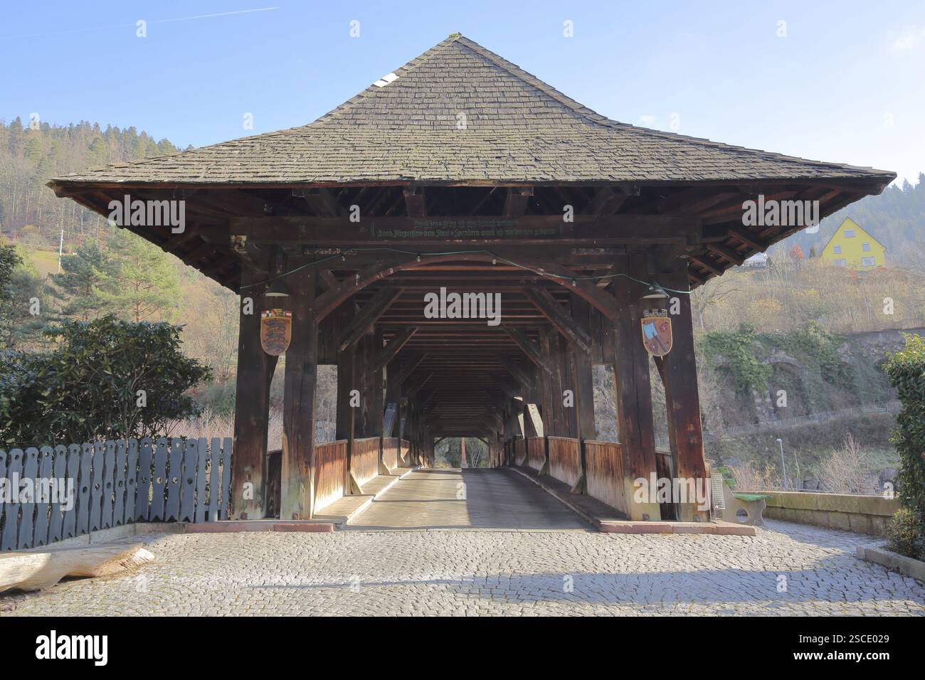 Historic wooden bridge and landmark with wooden beams, wooden ...