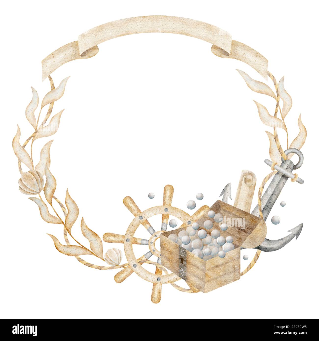 Wreath sea anchor, ship steering wheel, chest with bubbles. Watercolor ...