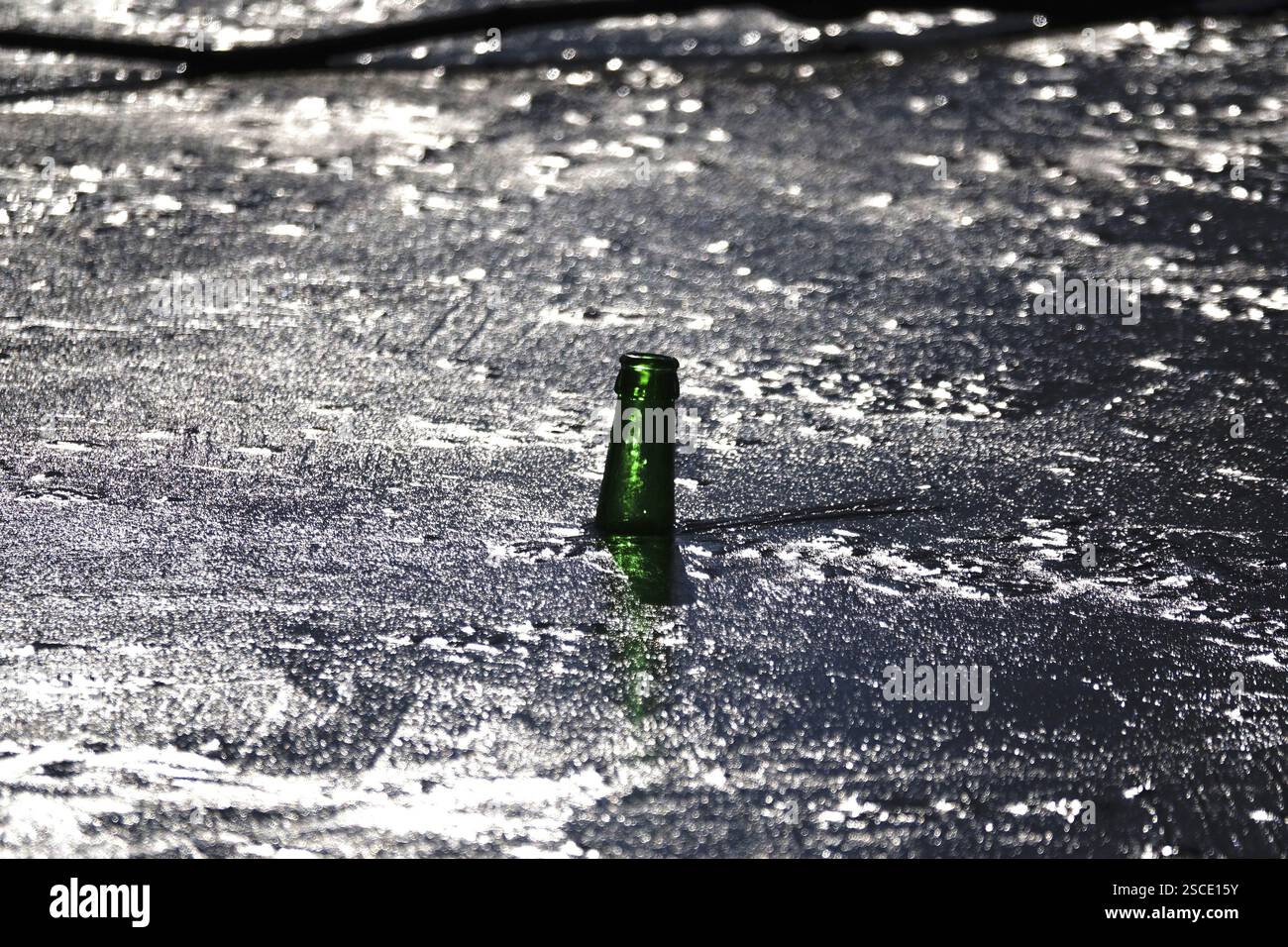 Discarded glass bottle in a frozen lake, winter, Germany, Europe Stock ...