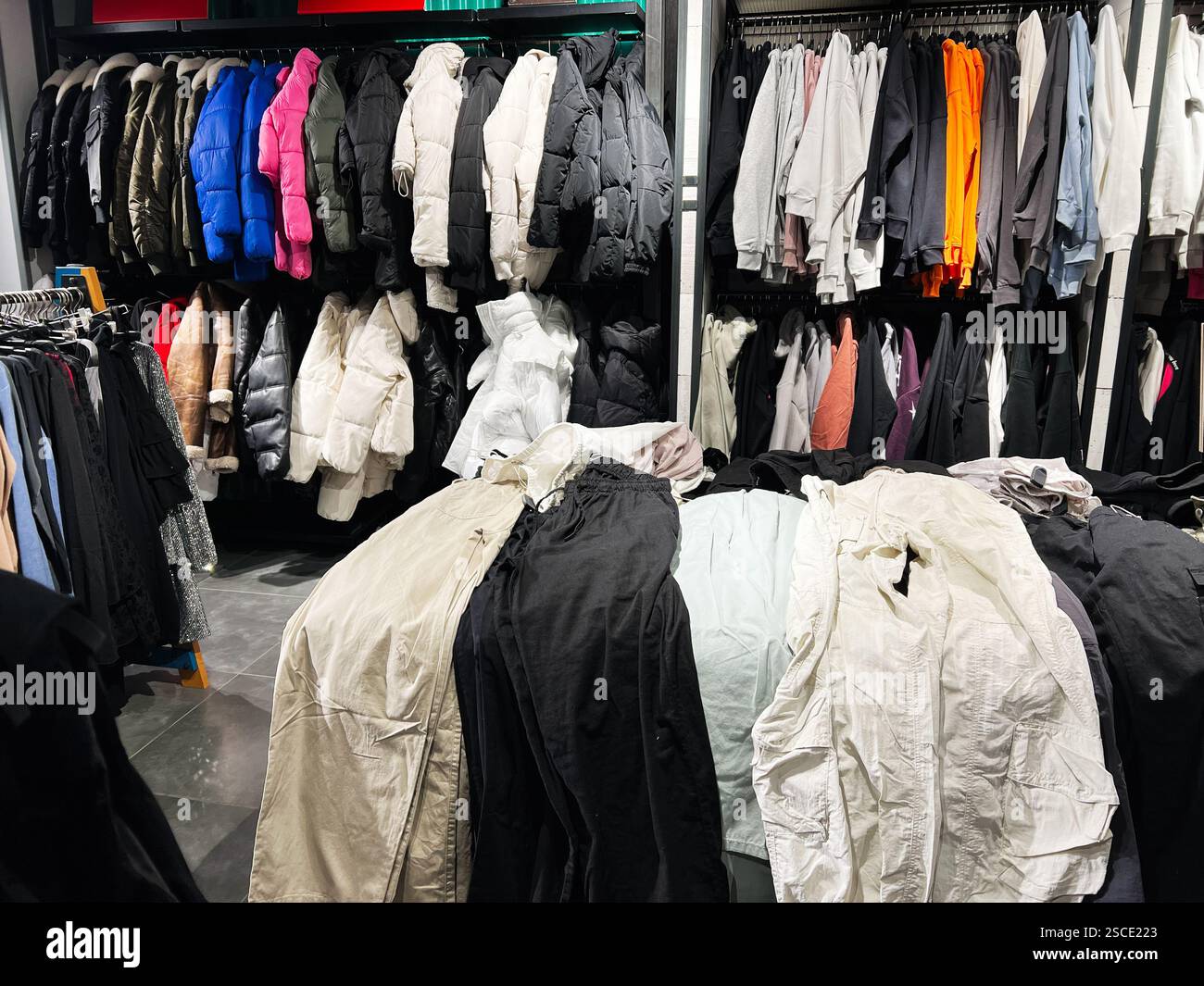 Kyiv, Ukraine - February 05, 2025: Fashionable clothes on display in a ...