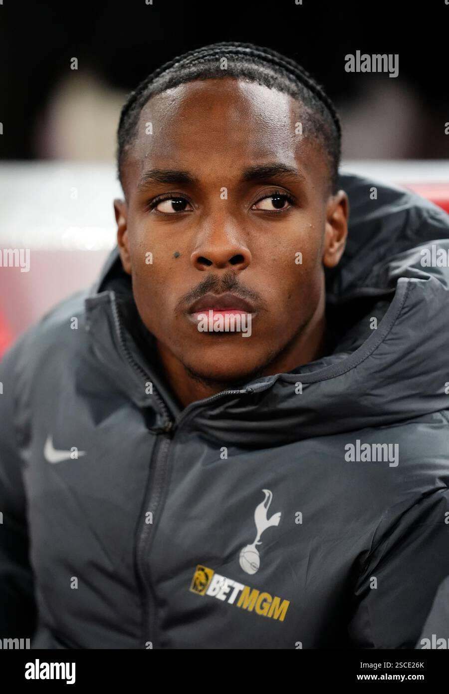 Tottenham Hotspur's Mathys Tel on the bench during the Carabao Cup Semi ...