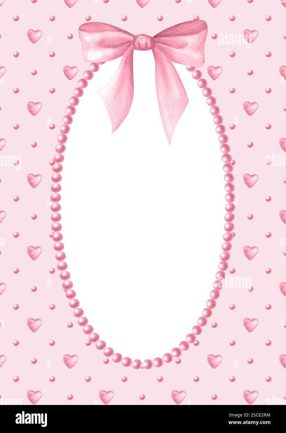 Vertical postcard template with pink beads, hearts, bow and oval ...