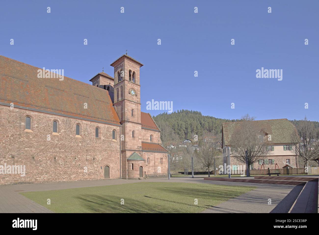 Romanesque monastery church with historic box building, today's ...