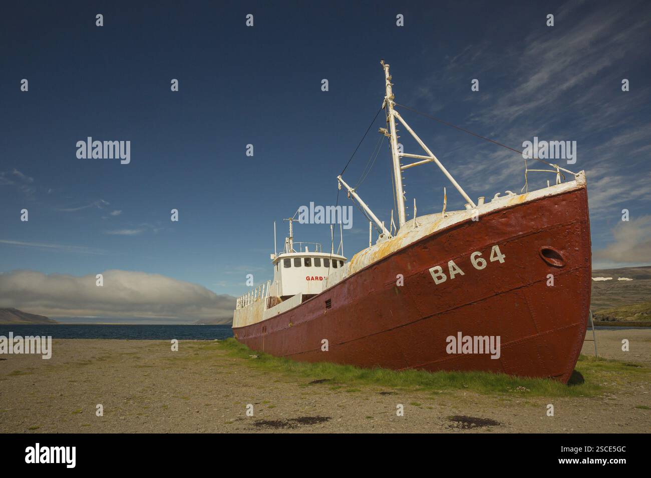 Ship wreck at the road 612 at Patreksfjoerdur, NW Iceland. The oldest ...