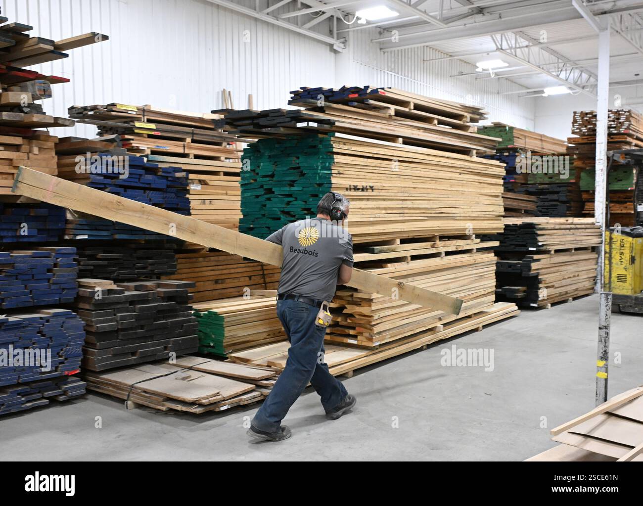 Saint Georges, Canada. 06th Feb, 2025. A man carries wood at an ...
