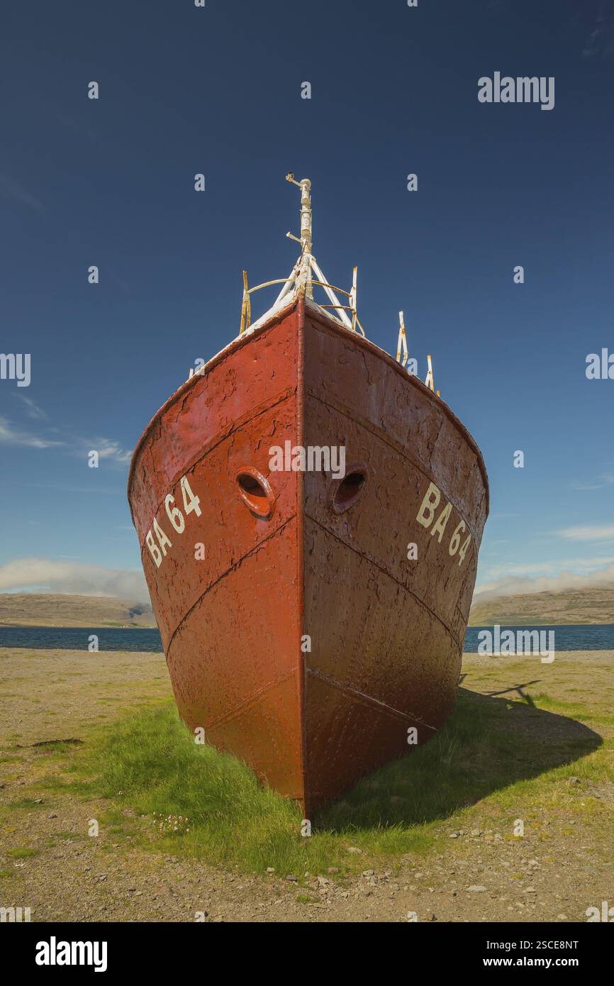 Ship wreck at the road 612 at Patreksfjoerdur, NW Iceland. The oldest ...