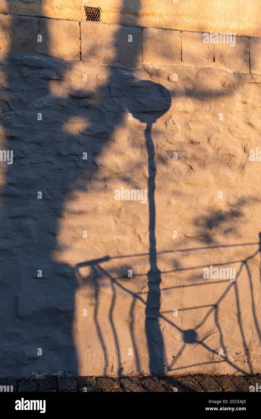 A shadow of a street lamp and a railing cast on a textured stone wall ...