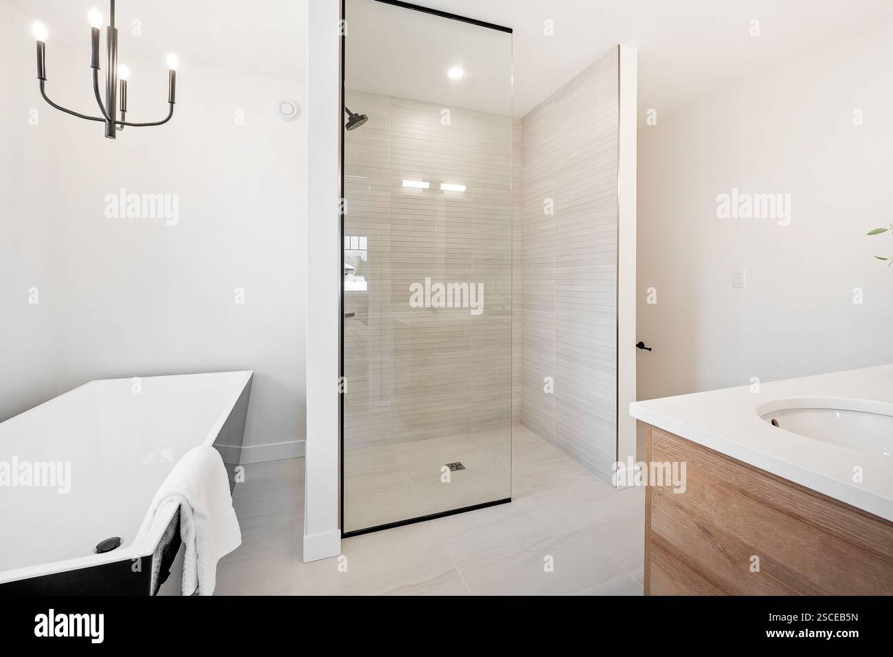 A bathroom with a white bathtub and a glass shower stall. The shower ...