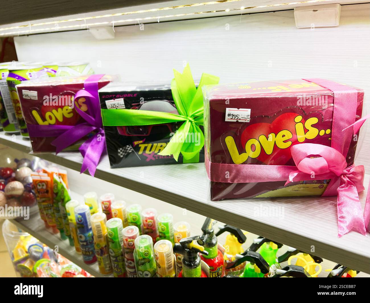 Kyiv, Ukraine - February 05, 2025: Colorfully wrapped Love is candy ...