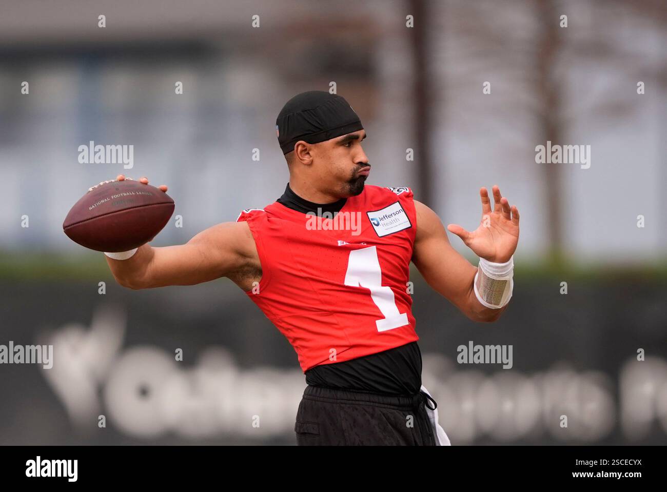 Philadelphia Eagles quarterback Jalen Hurts (1) warms up during an NFL ...