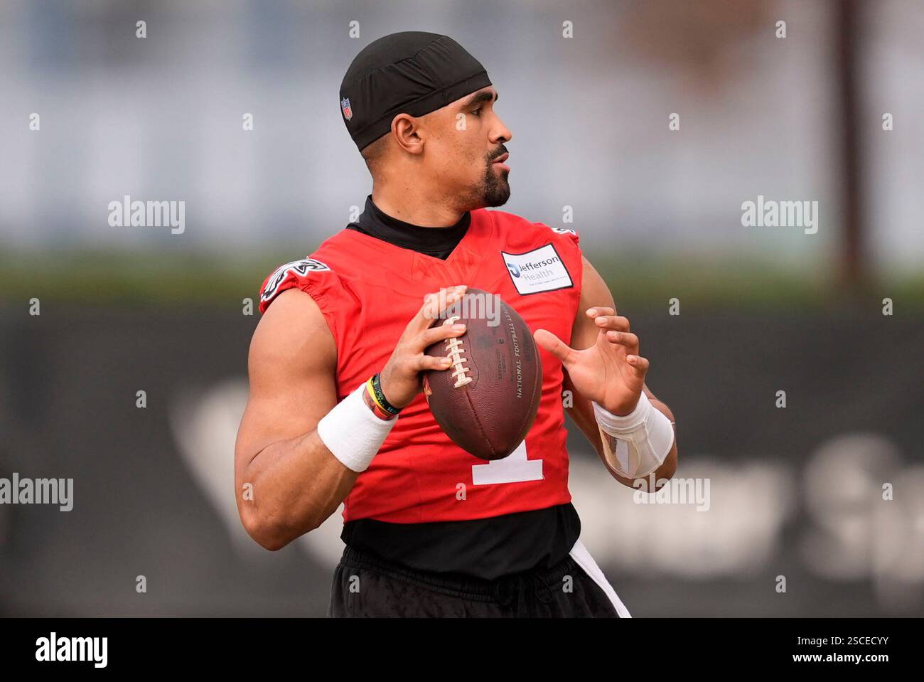 Philadelphia Eagles quarterback Jalen Hurts (1) warms up during an NFL ...