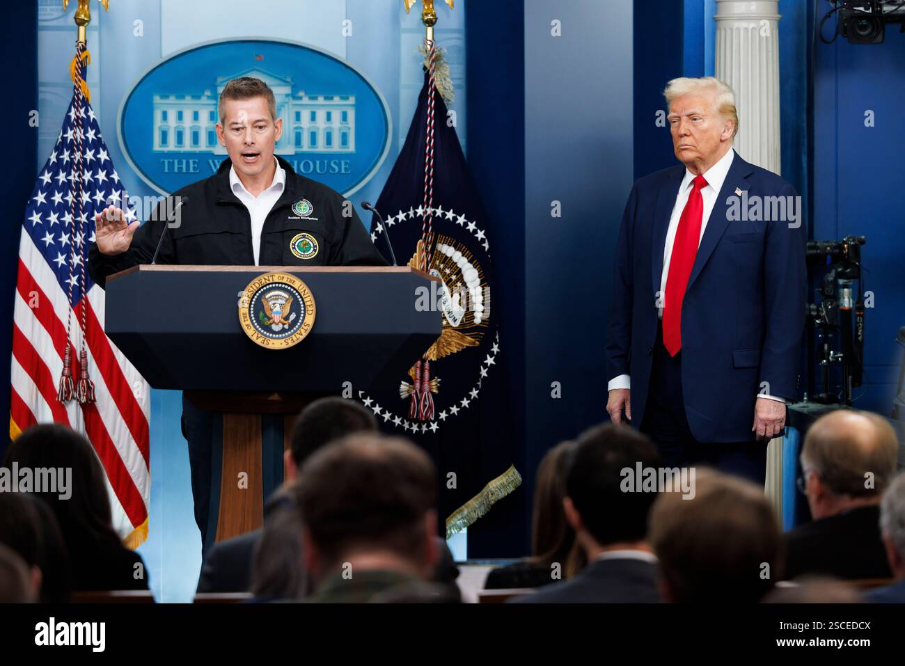 WASHINGTON -- Sean Duffy speaks at a White House press briefing after a ...