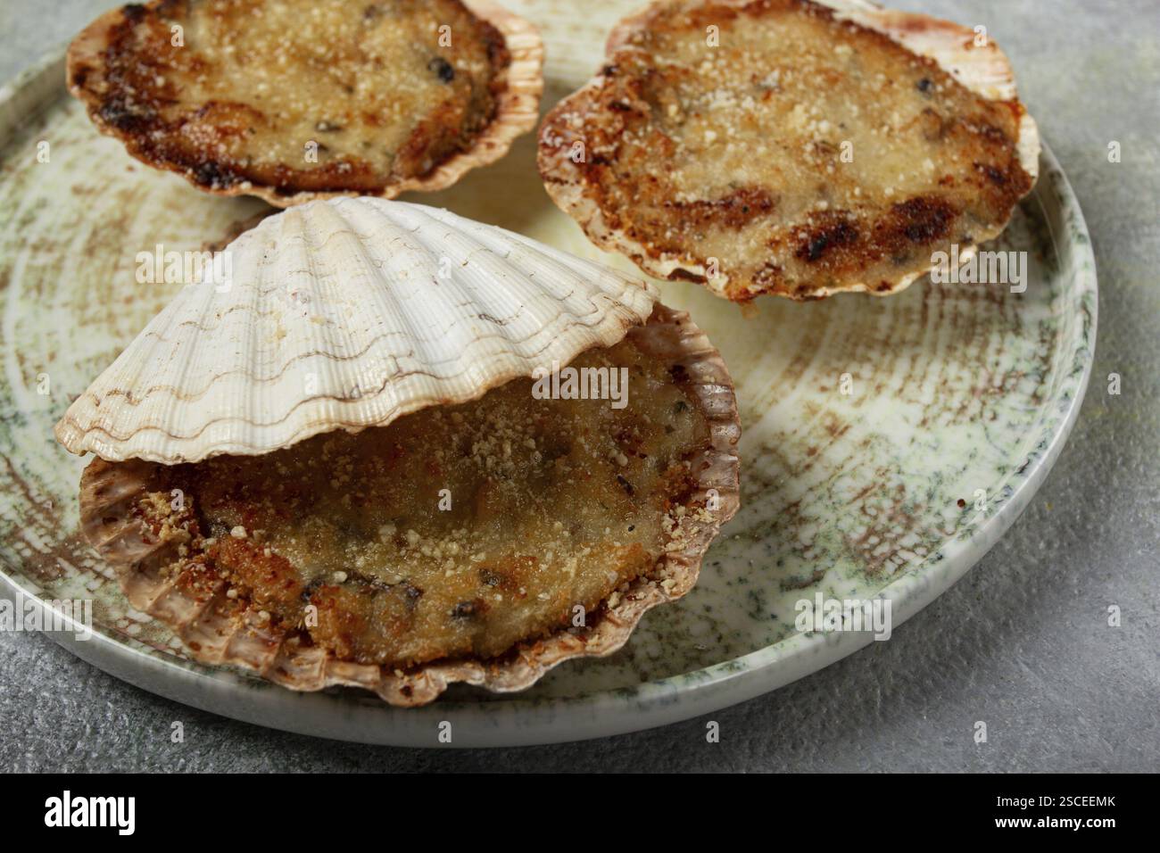 Scallop shells, stuffed, baked with cheese, in the oven, julienne with ...