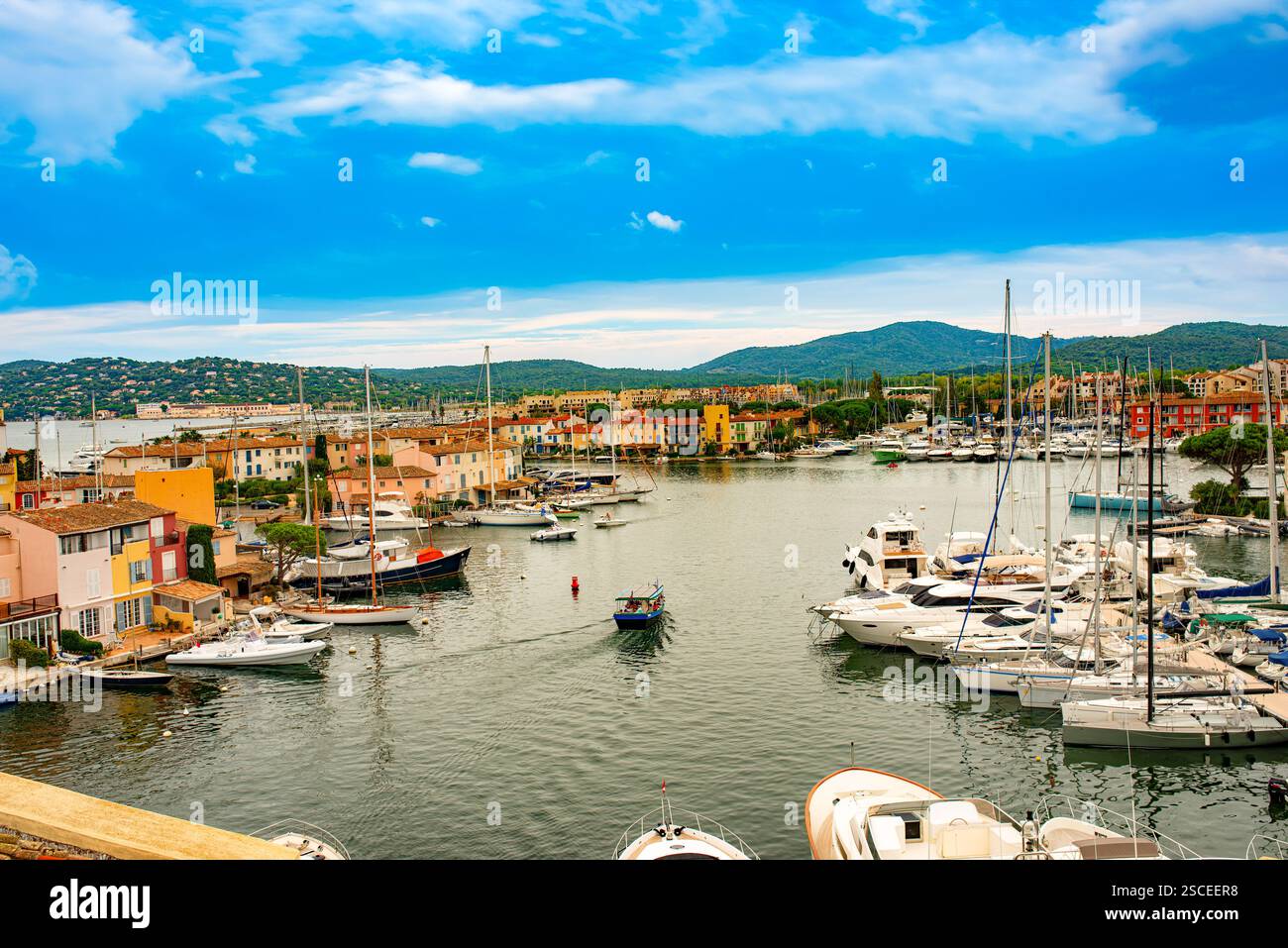 A view of the Port of Grimaud with many yachts. South France, Europe ...