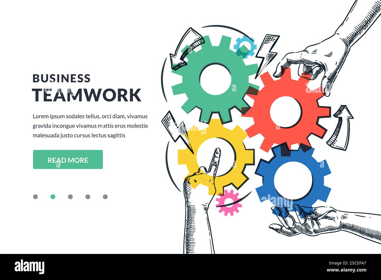 Hands holding and connecting colorful mechanism gears. Vector hand drawn sketch illustration ...