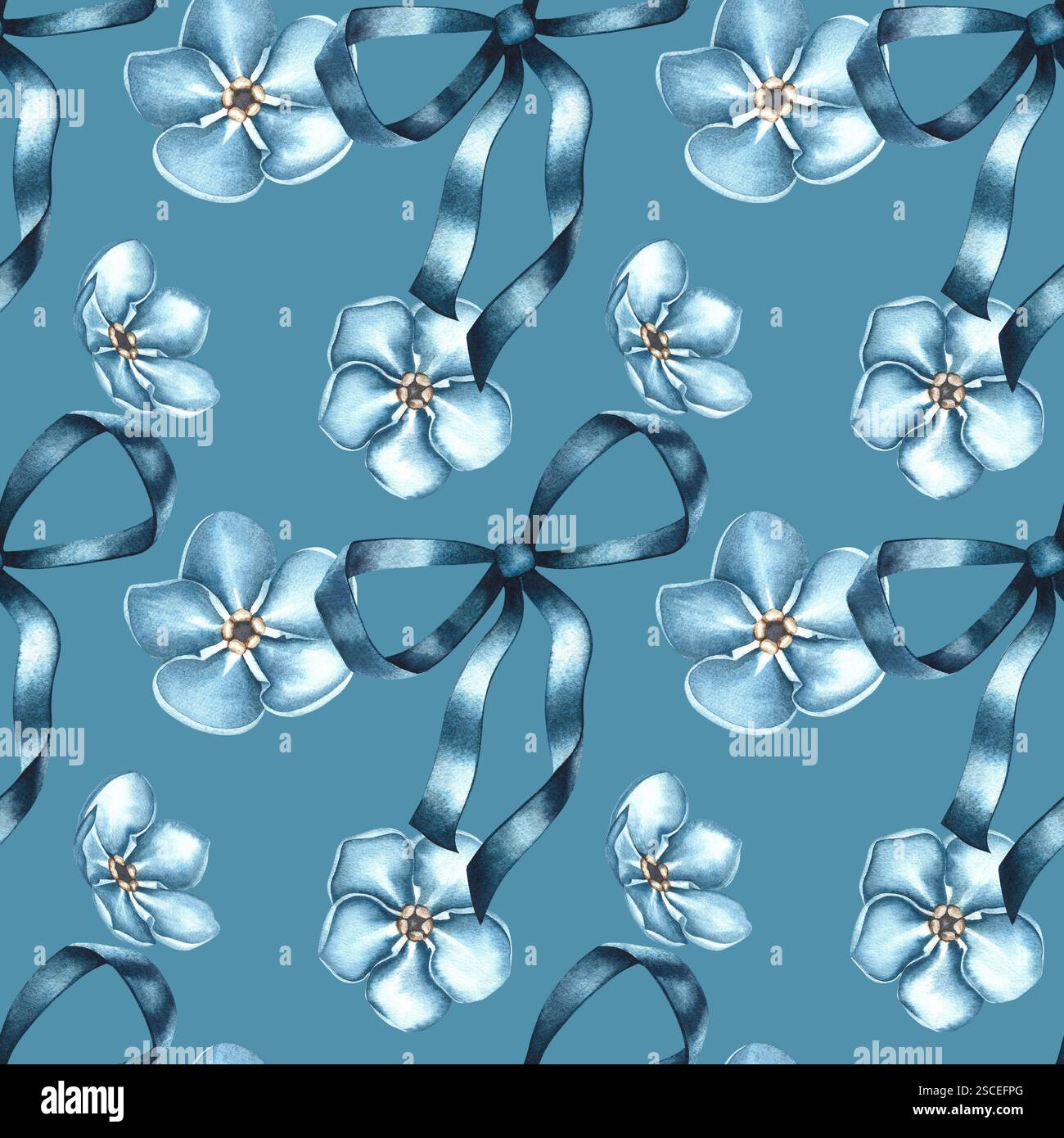 A simple pattern with blue forget-me-nots and bows of their ribbons ...