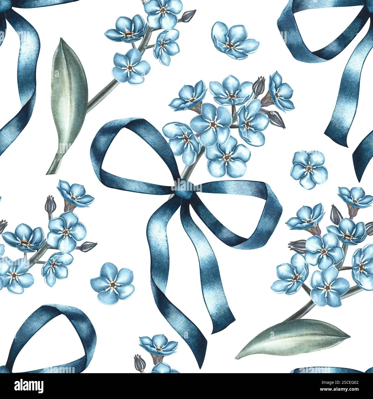 A simple pattern with blue forget-me-nots and bows of their ribbons ...