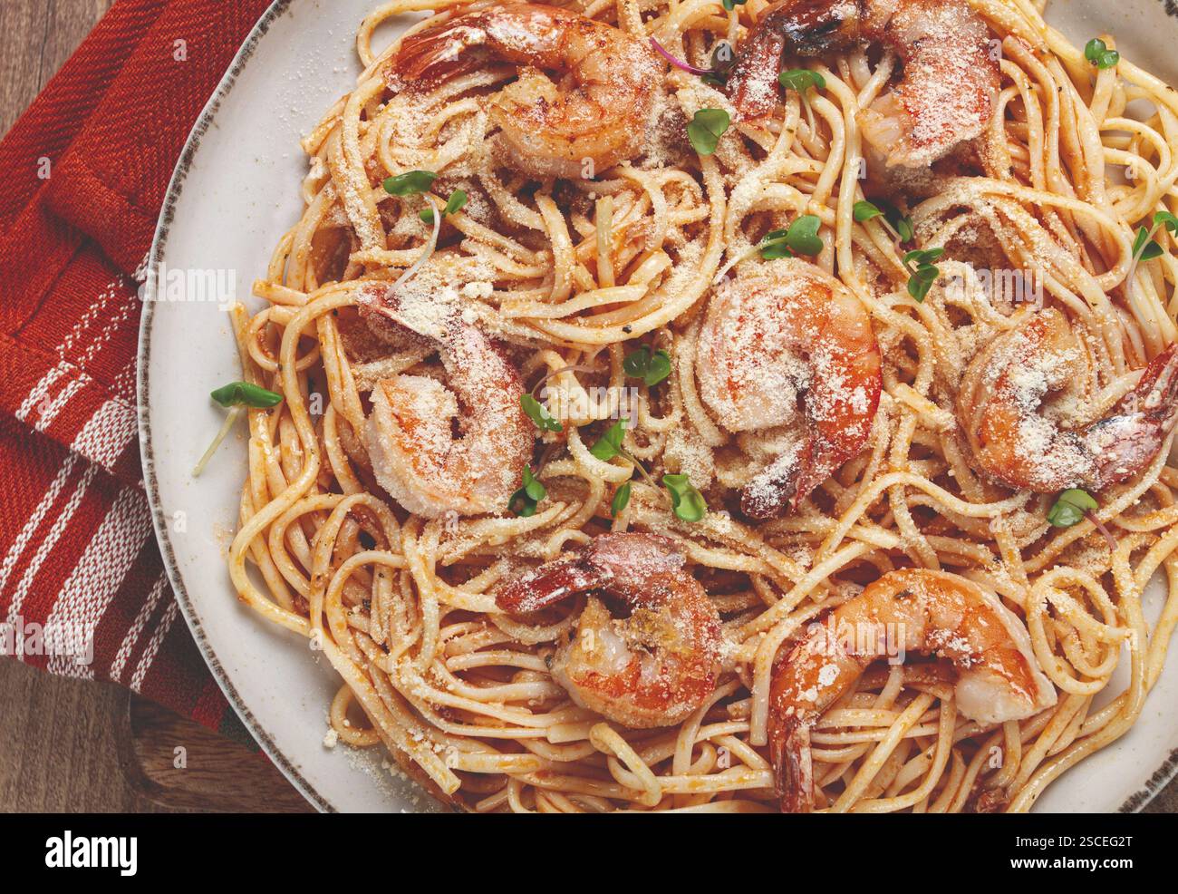 Spaghetti with tiger prawns, in tomato sauce, homemade, top view, no ...