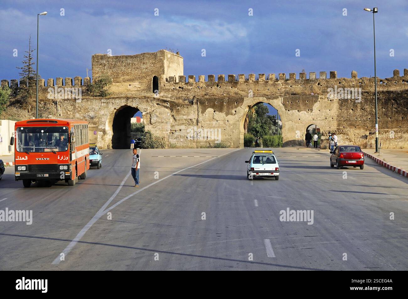 Meknes, Morocco, Africa, Historic city wall with traffic and ...