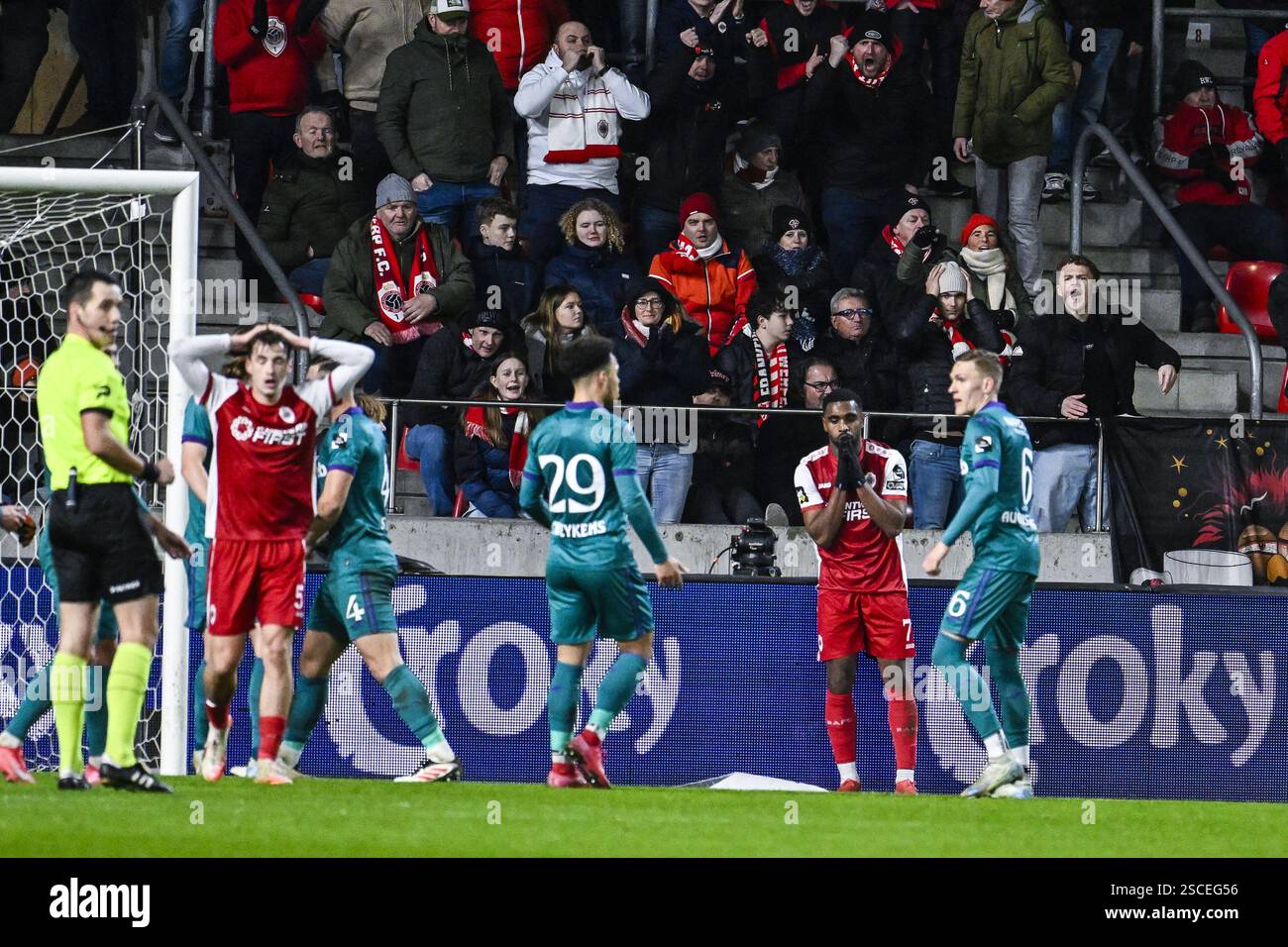 Antwerp, Belgium. 06th Feb, 2025. Antwerp's Gyrano Kerk reacts during a soccer game between ...