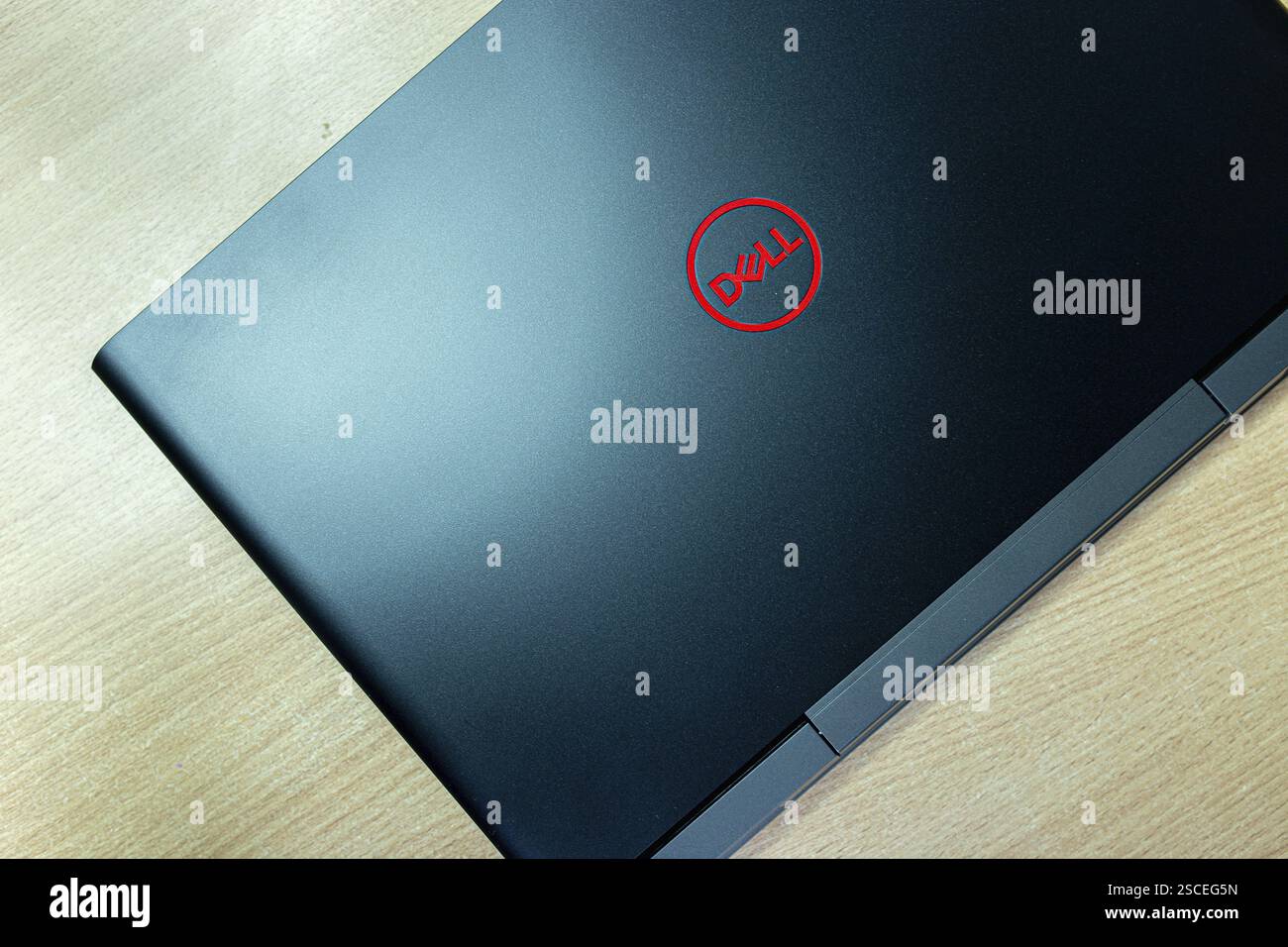 Top view of a closed black Dell laptop with the logo visible Stock ...