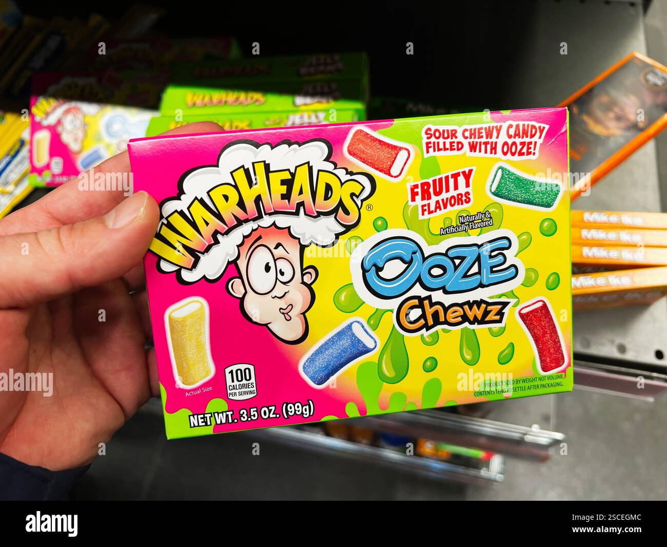 Kyiv, Ukraine - February 05, 2025: Person holding Warheads sour chewy ...