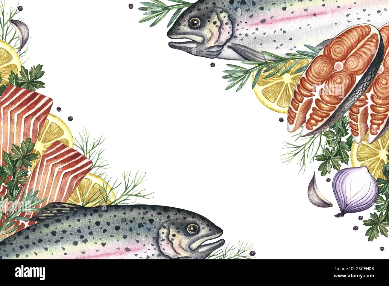 Corner frame with trout, whole and sliced, with vegetables and spices ...