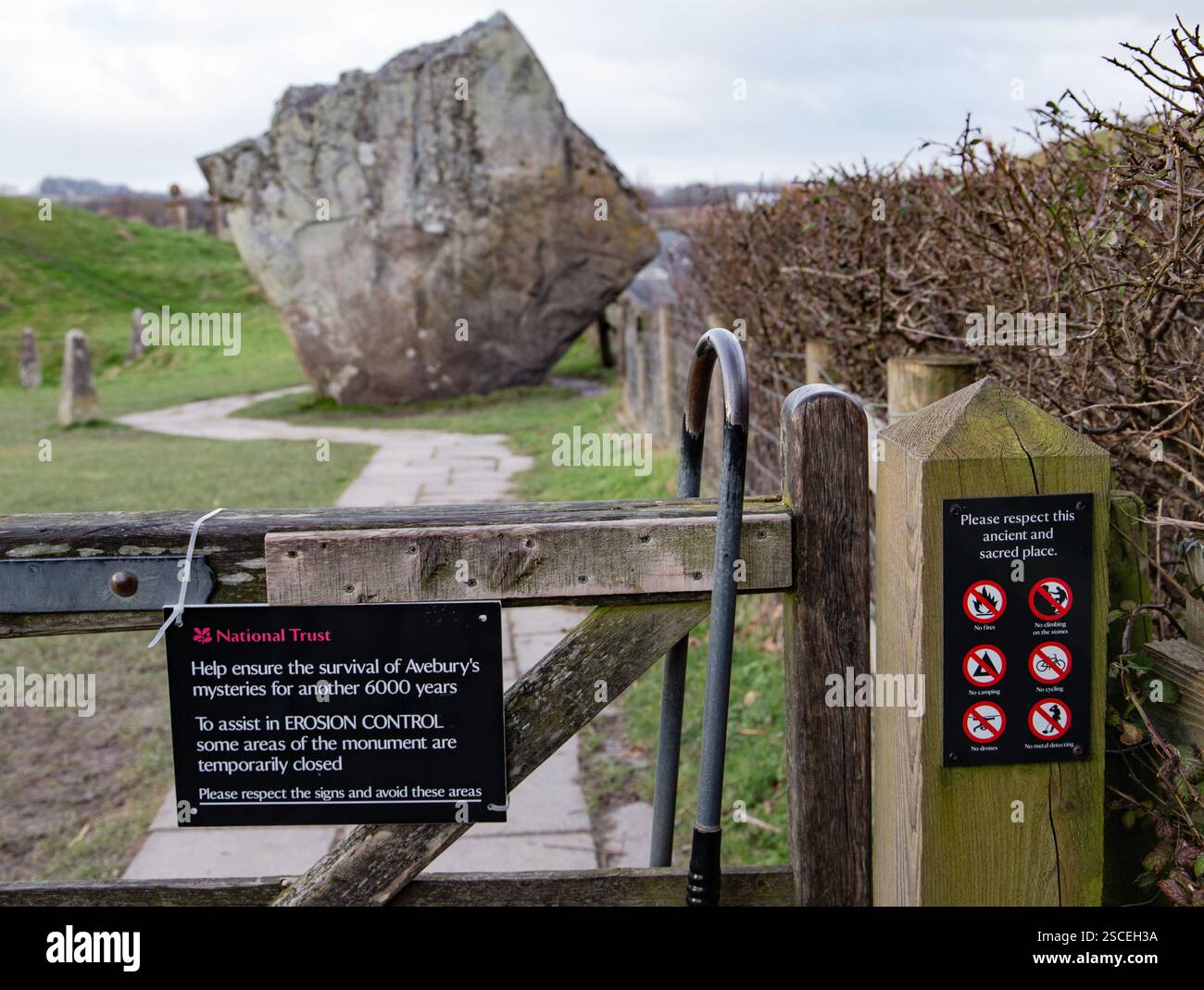 National Trust sign on a gate at Avebury Wiltshire with erosion control ...