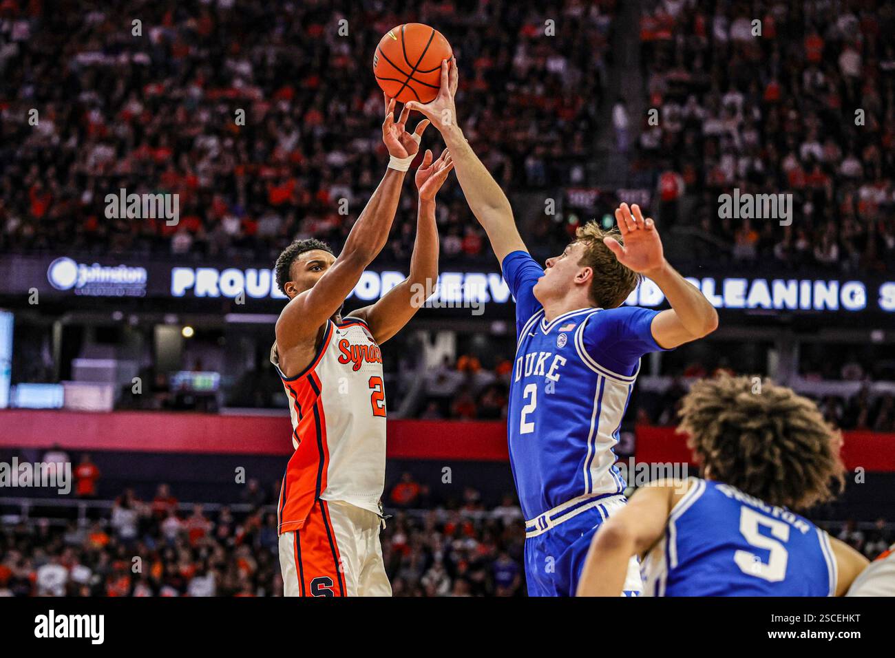 Syracuse, New York, USA. 5th Feb, 2025. Duke Blue Devils guard COOPER FLAGG (2) blocks the shot ...