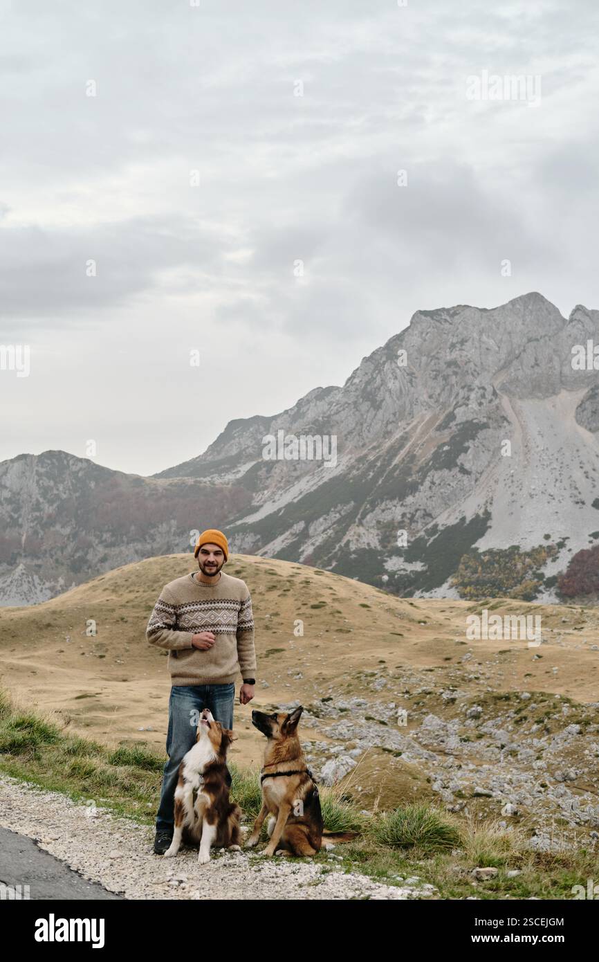 Breathtaking mountain landscape with traveling young man and his dogs ...