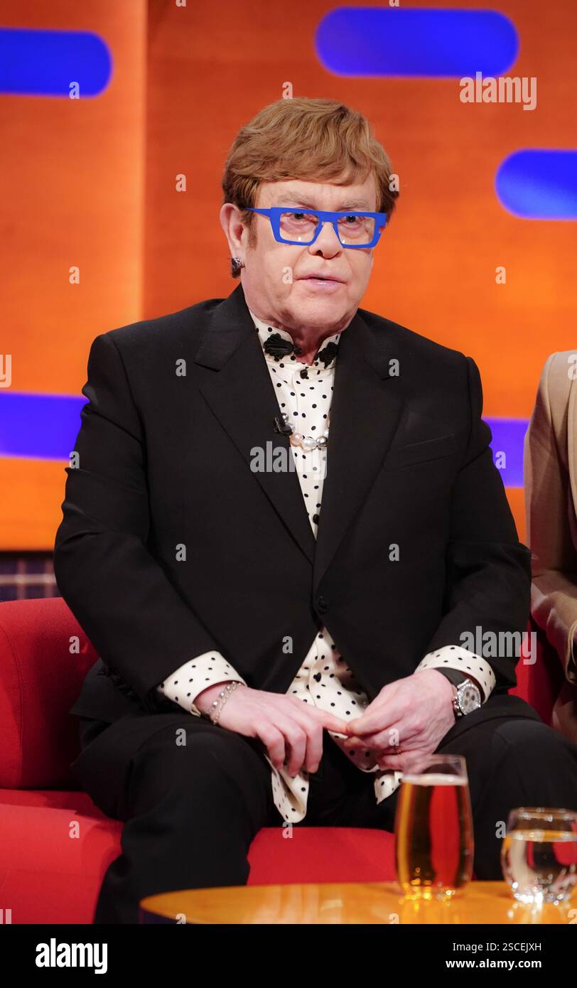 EDITORIAL USE ONLY Sir Elton John during filming for the Graham Norton Show, at BBC Studioworks ...