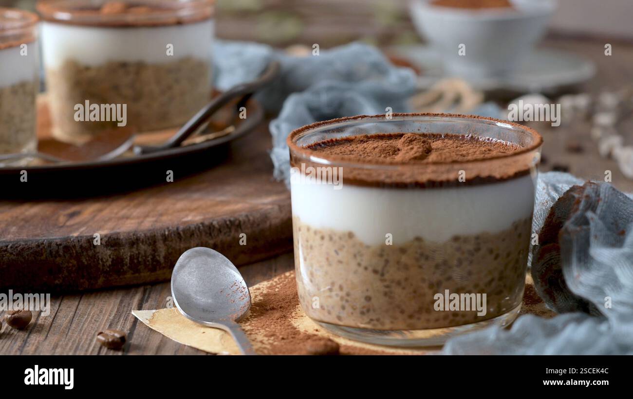 Three delicious tiramisu overnight oats in clear glass containers ...