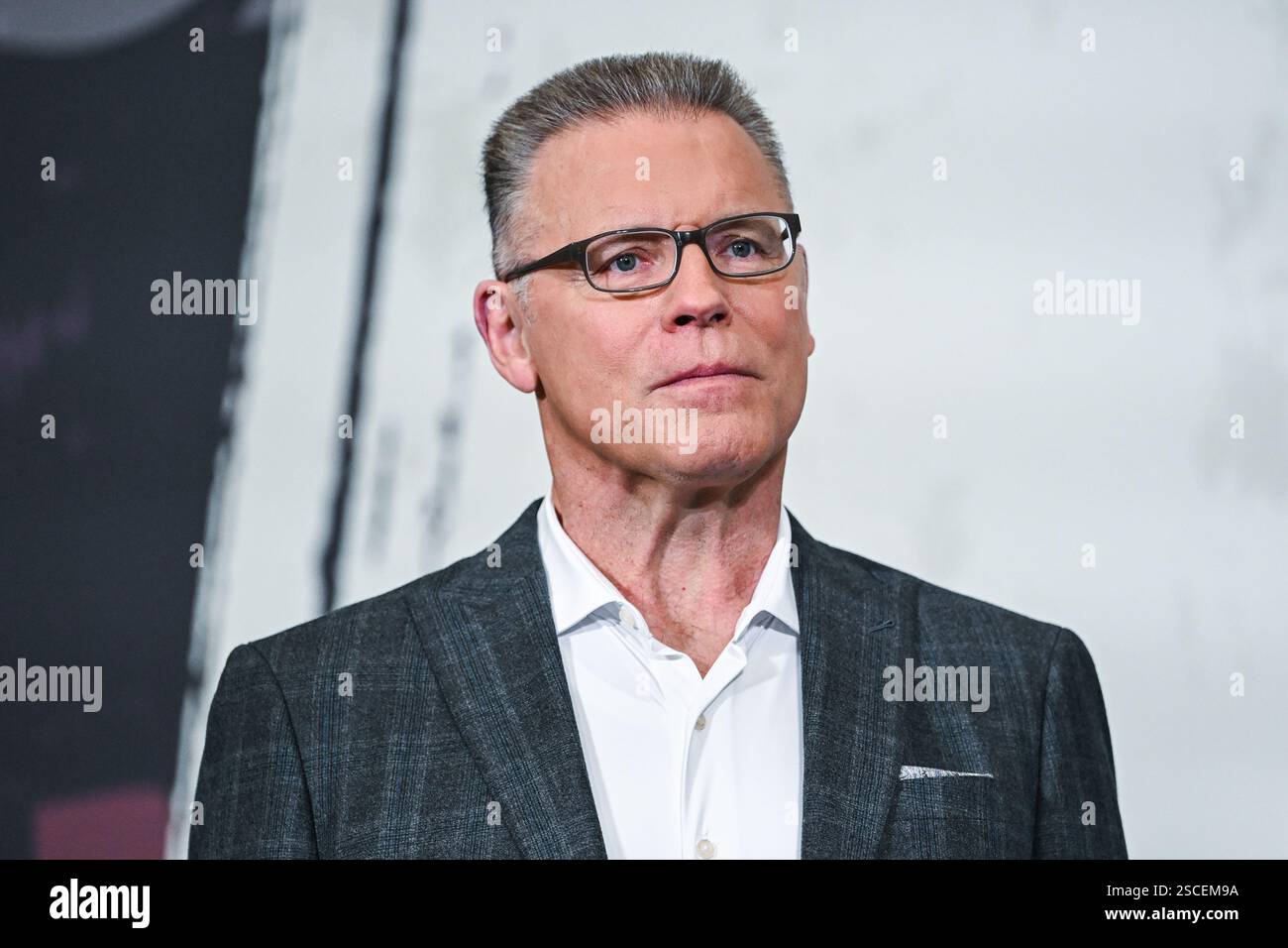 Howie Long stands on stage during the Fox Sports Media Day event held ...