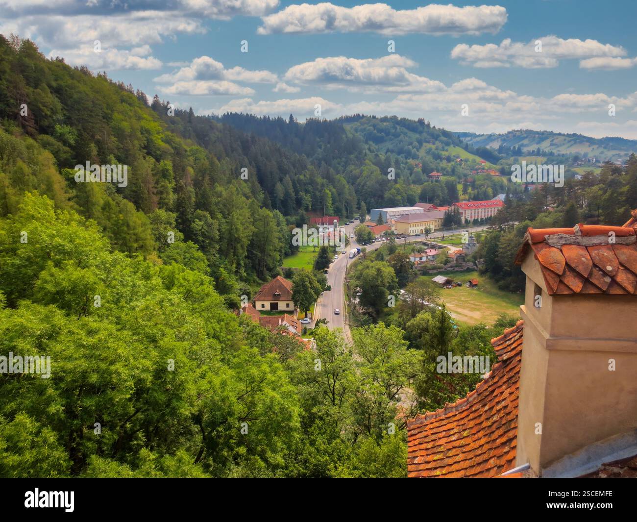 landscape mountain range and road , aerial view, in eastern Europe ...