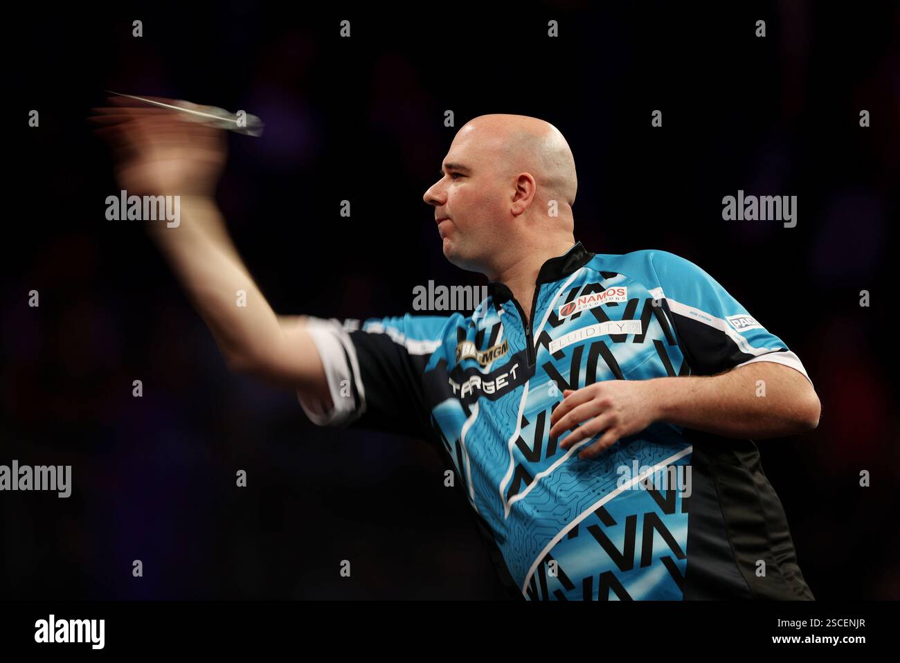 Rob Cross in action during his match against Chris Dobey on night one ...