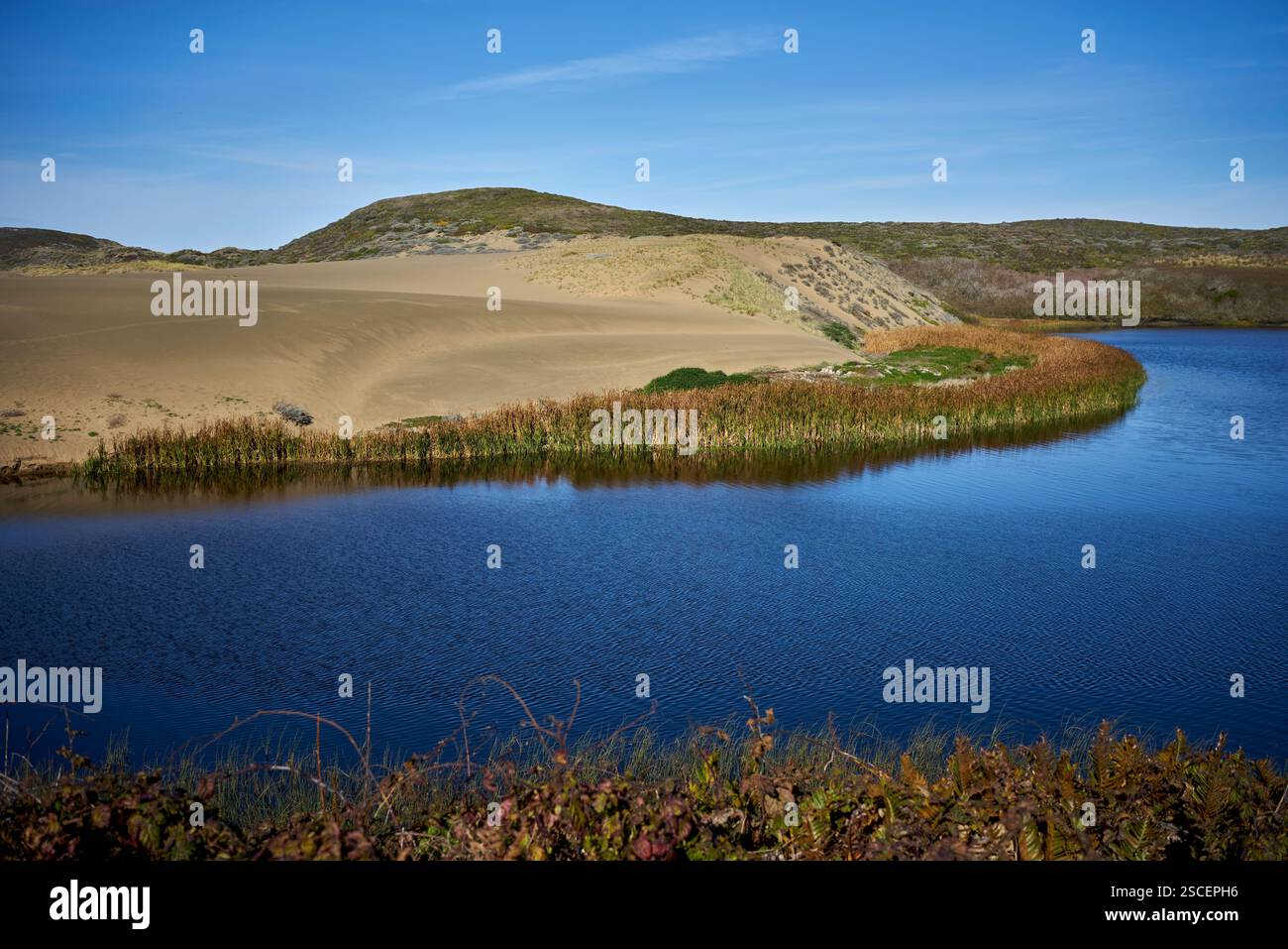 blue water lagoon and sand dunes Stock Photo - Alamy